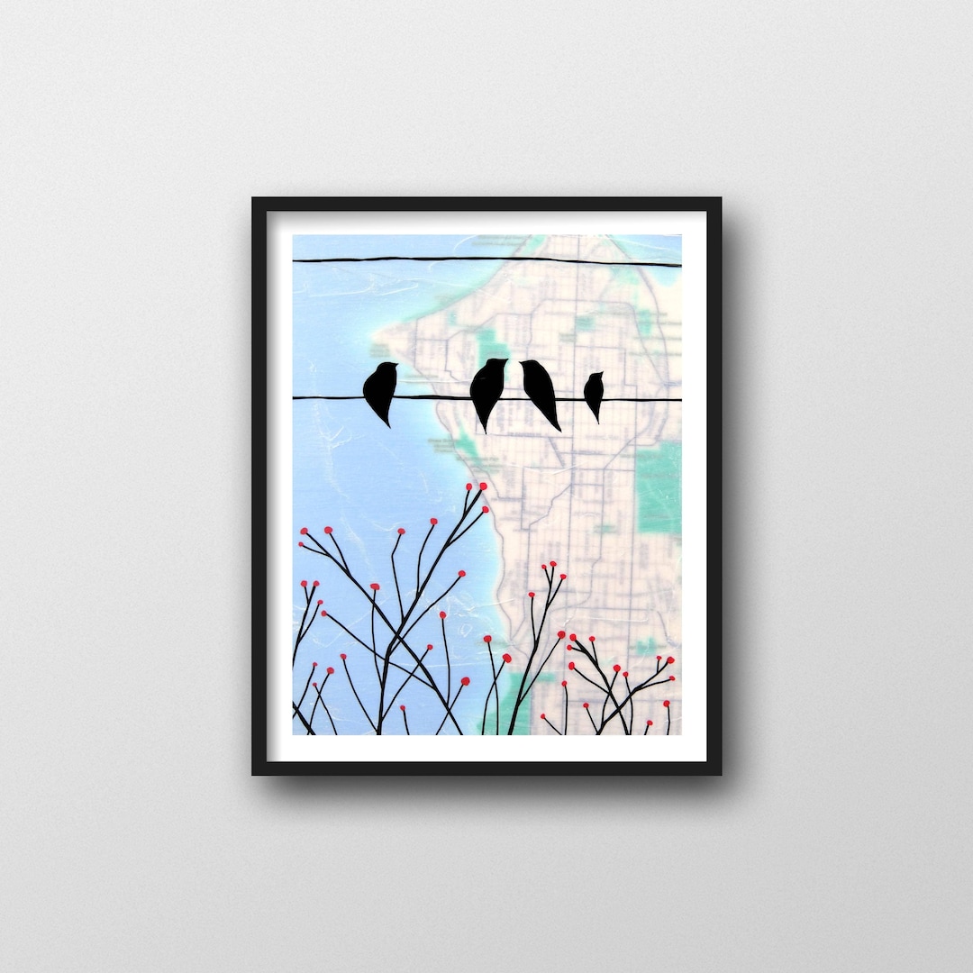 West Seattle Map With Birds on Wire Art Print // Great Seattle Gift or ...