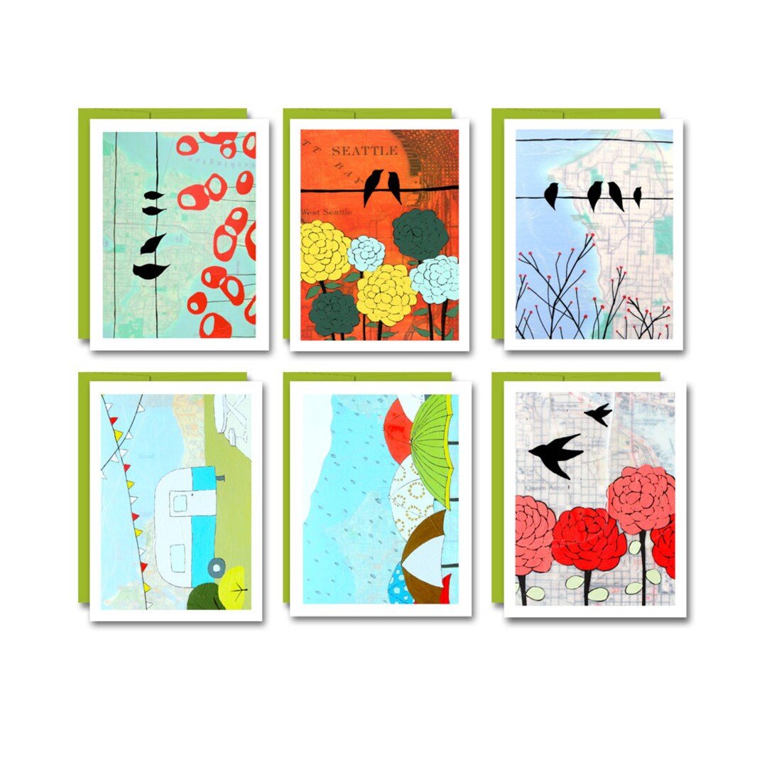 Seattle Notecard Set: Mixed Media Map Art, Blank Cards - Etsy