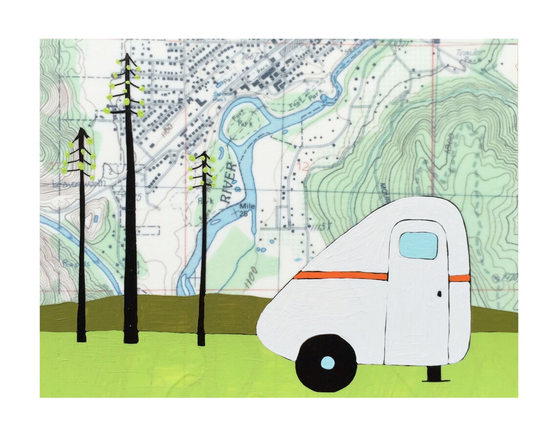 Scamp Trailer Print With Map Art and Camper Art // Washington - Etsy