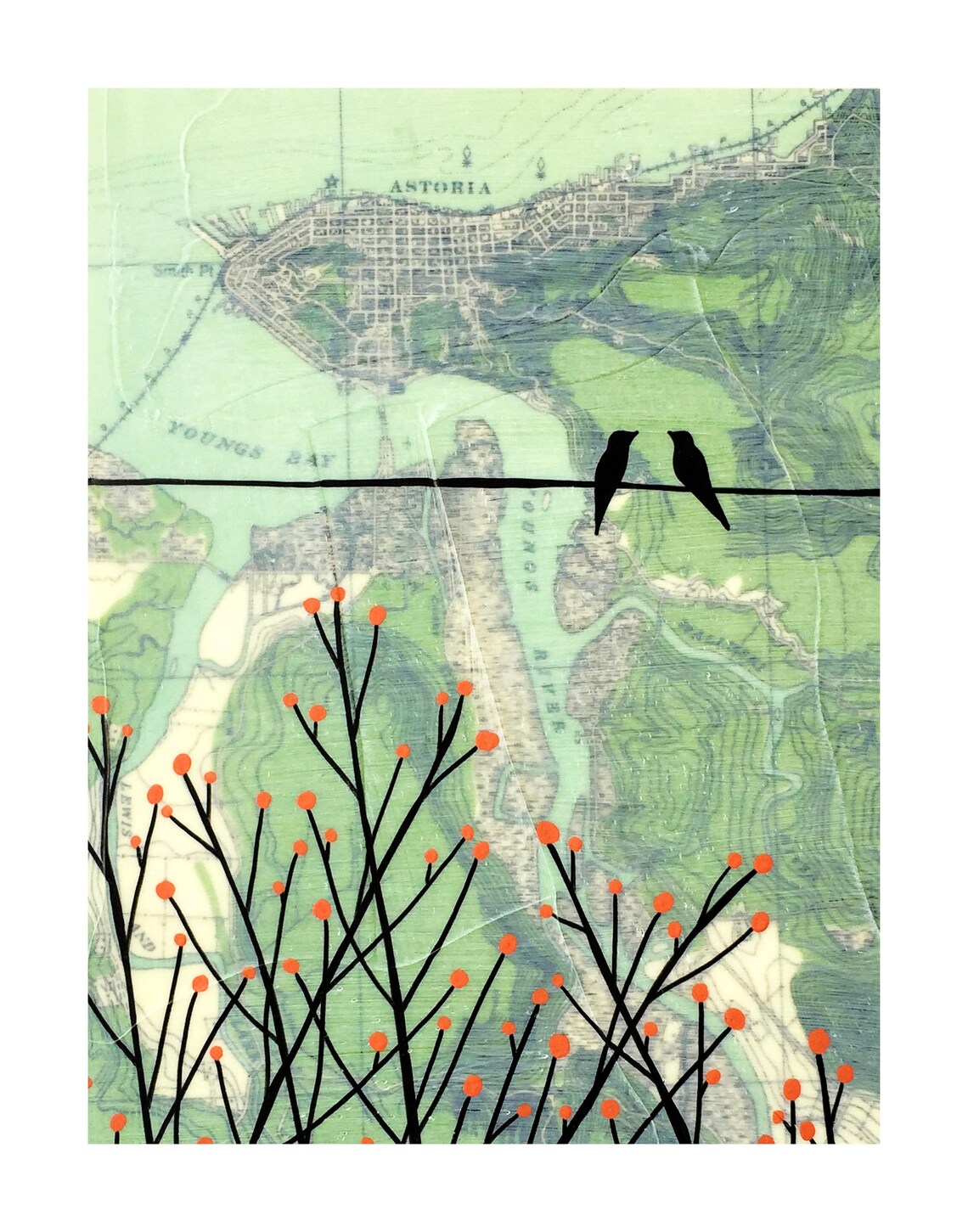 Astoria Oregon Map With Birds and Flowers / 8x10 or 11x14 Map Art Print ...