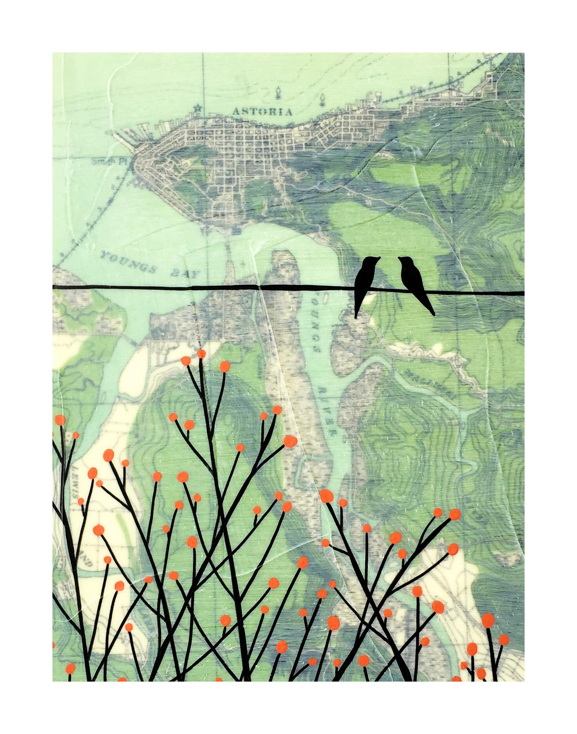 Astoria Oregon Map With Birds and Flowers / 8x10 or 11x14 Map Art Print ...