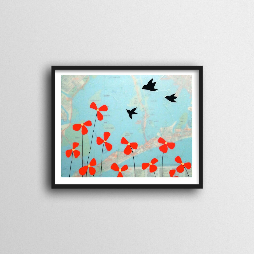 Map Print With Modern Bird Art With Flowers // Map Art Print 8x10 or ...