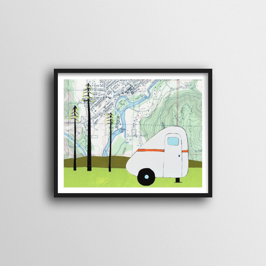 Scamp Trailer Print With Map Art and Camper Art // Washington Art Print ...