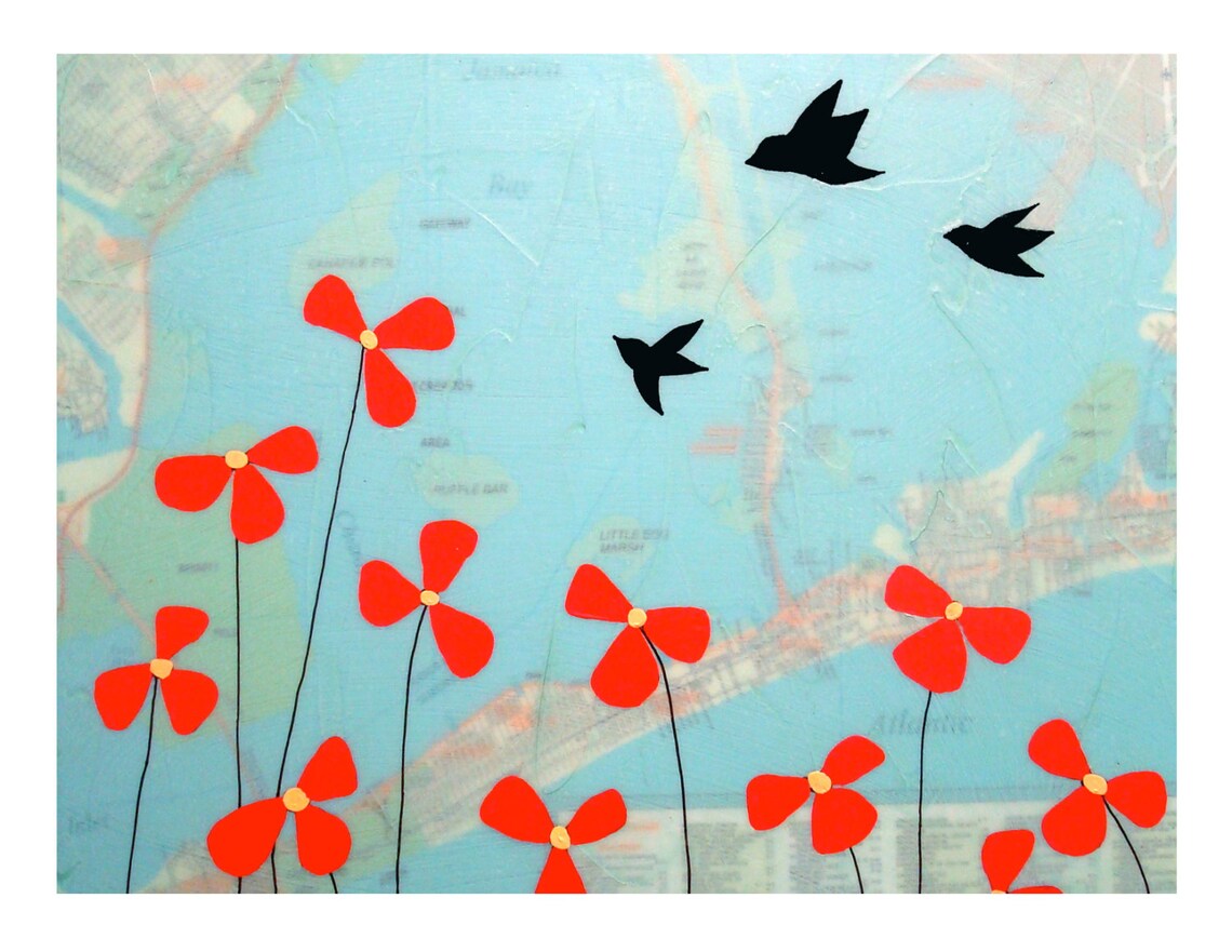Map Print With Modern Bird Art With Flowers // Map Art Print - Etsy