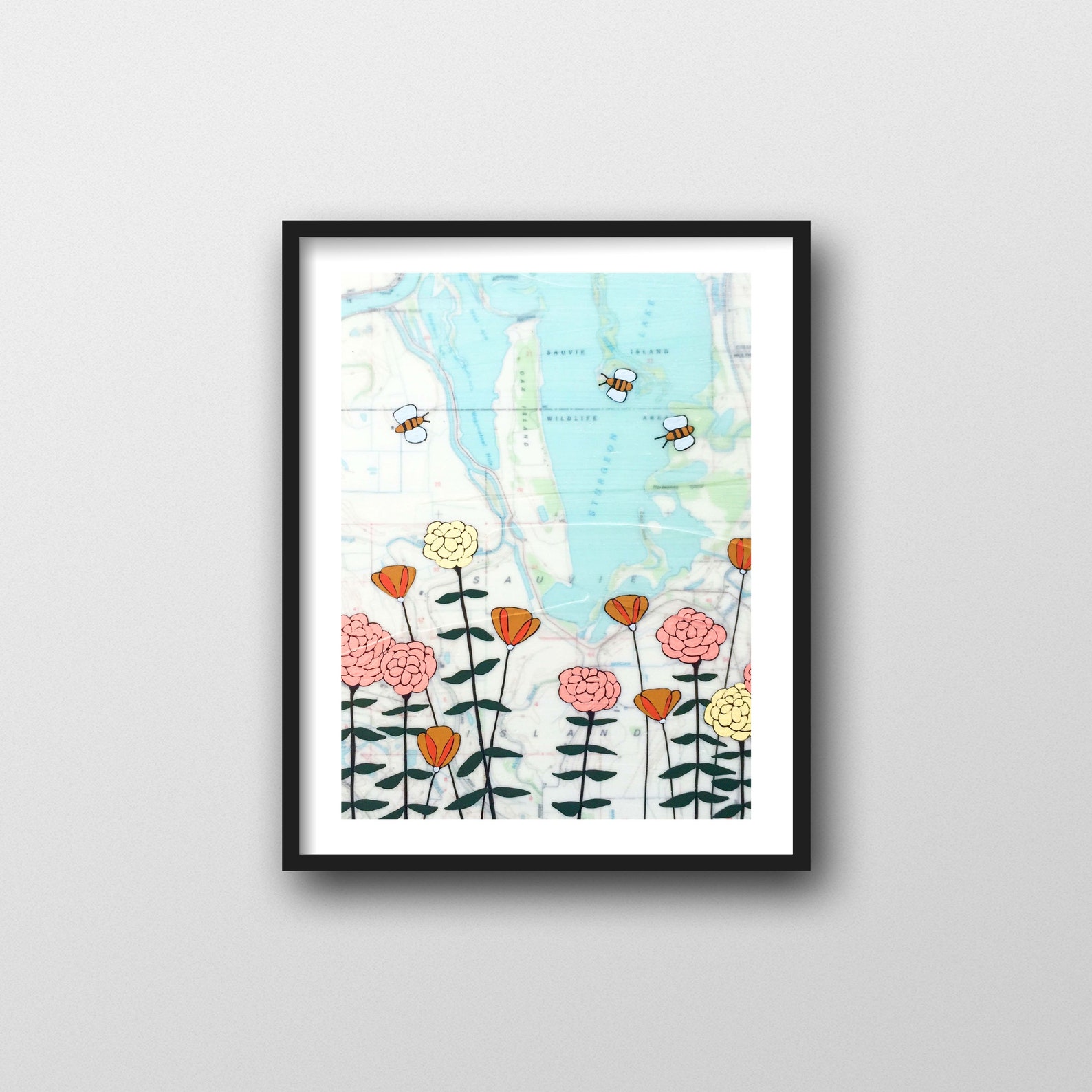 Map Print With Bees and Flowers // 8x10 or 11x14 Art Print by - Etsy