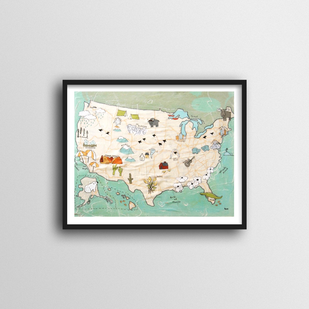 USA Map for Kids Map Art Print // Colorful Map of USA With Pictures ...