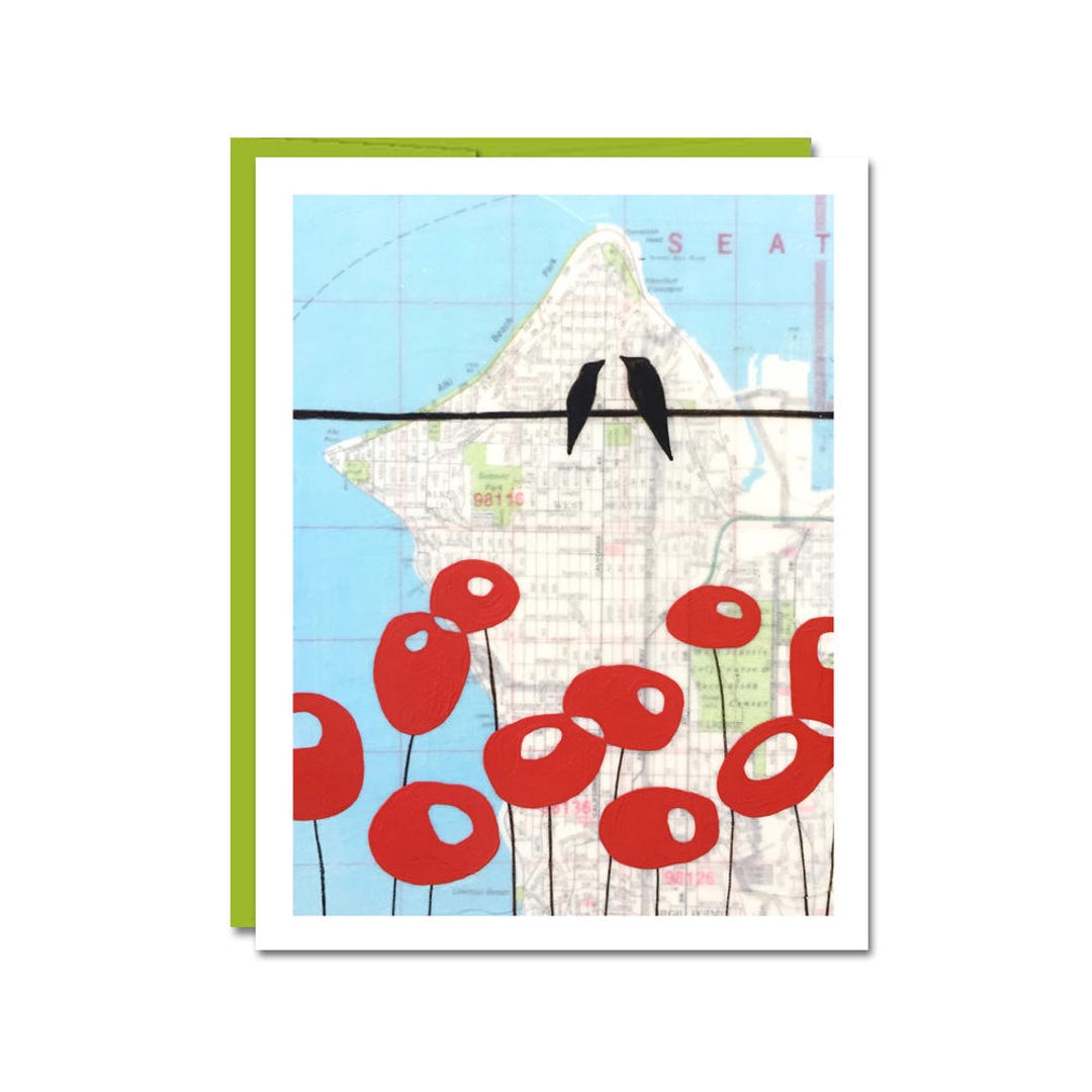 Alki Point Map Card With Birds and Poppies - Etsy