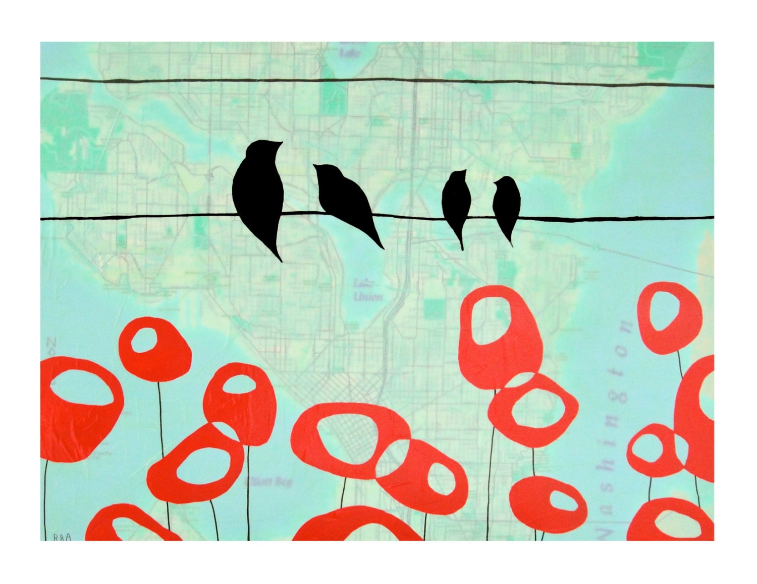 Seattle Print With Birds on Wire and Red Poppy Art // 11x14 or - Etsy
