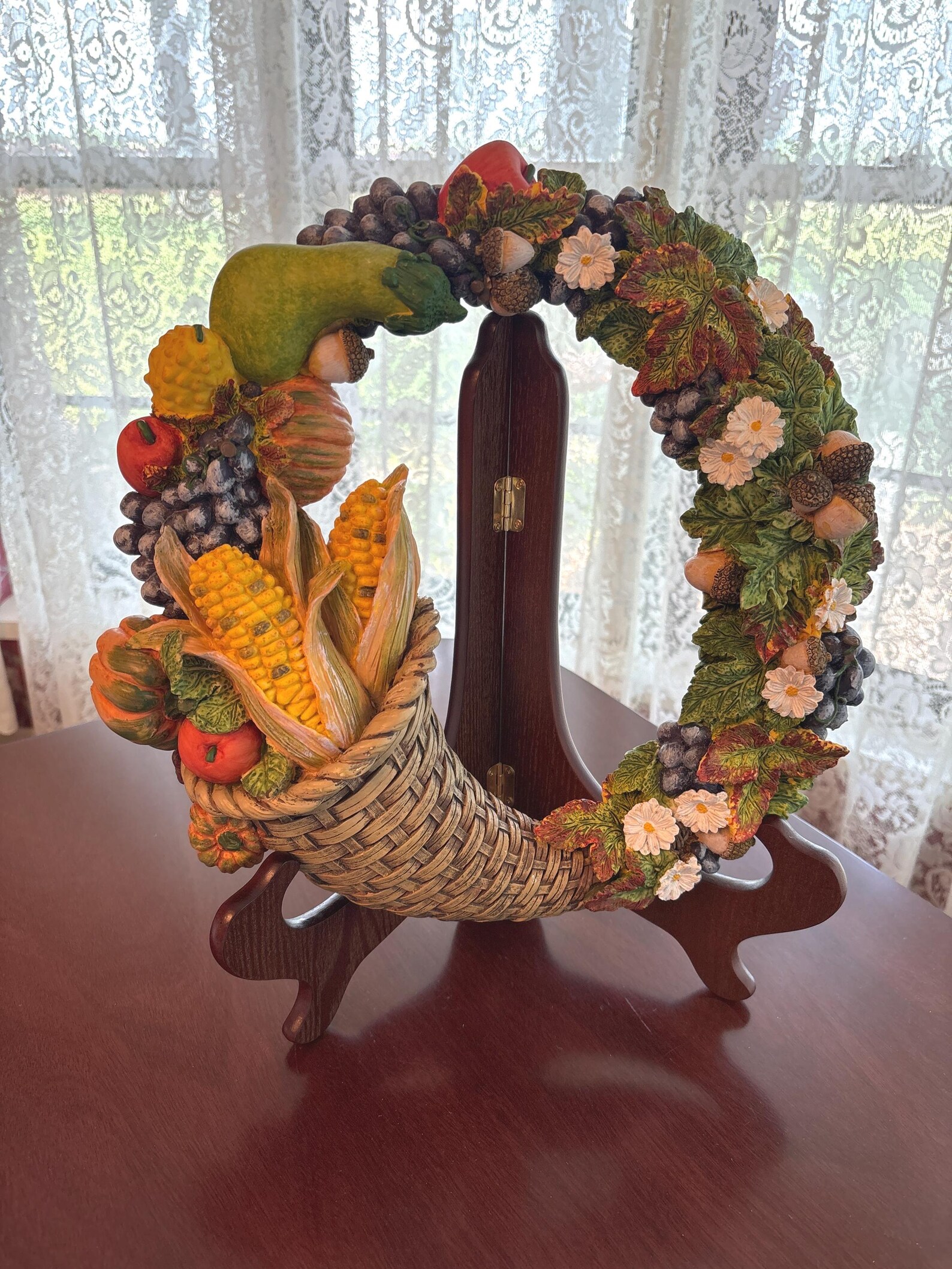 Colorful Autumn and Fall Wreath Featuring Cornucopia Filled With Corn ...