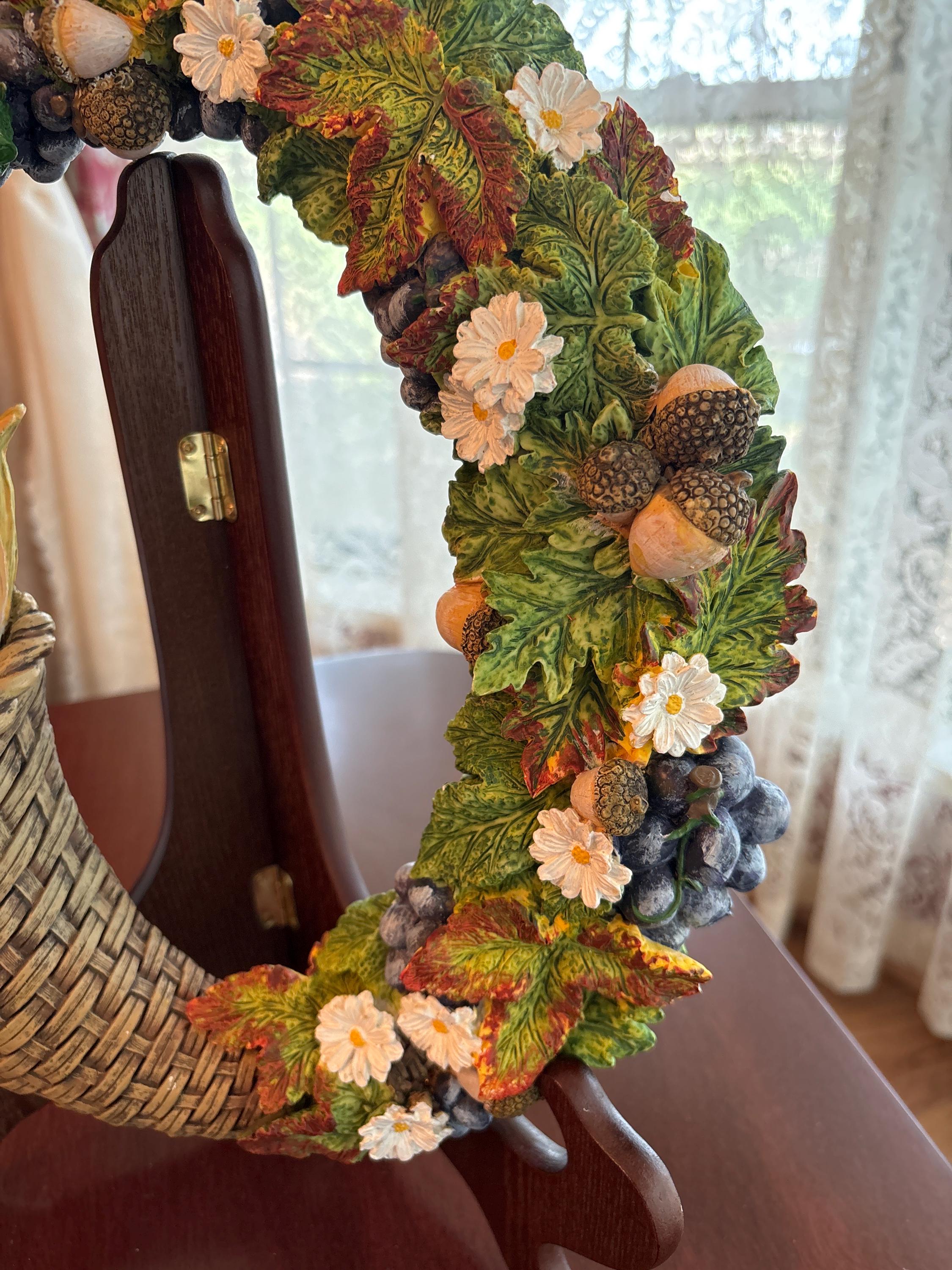 Colorful Autumn and Fall Wreath Featuring Cornucopia Filled With Corn ...