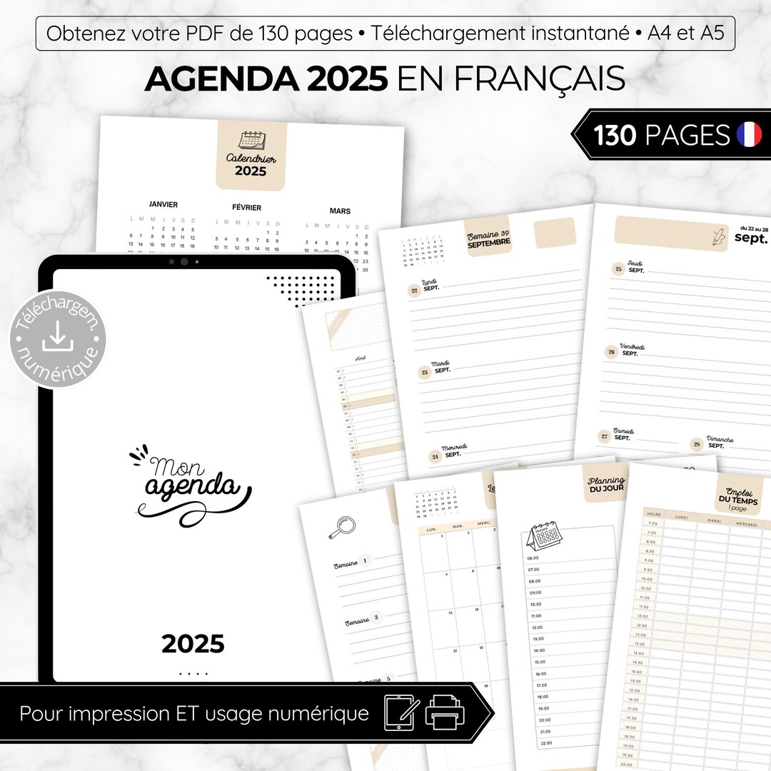 2025 Agenda in French Printable PDF 52 Weeks and Monthly Calendars ...