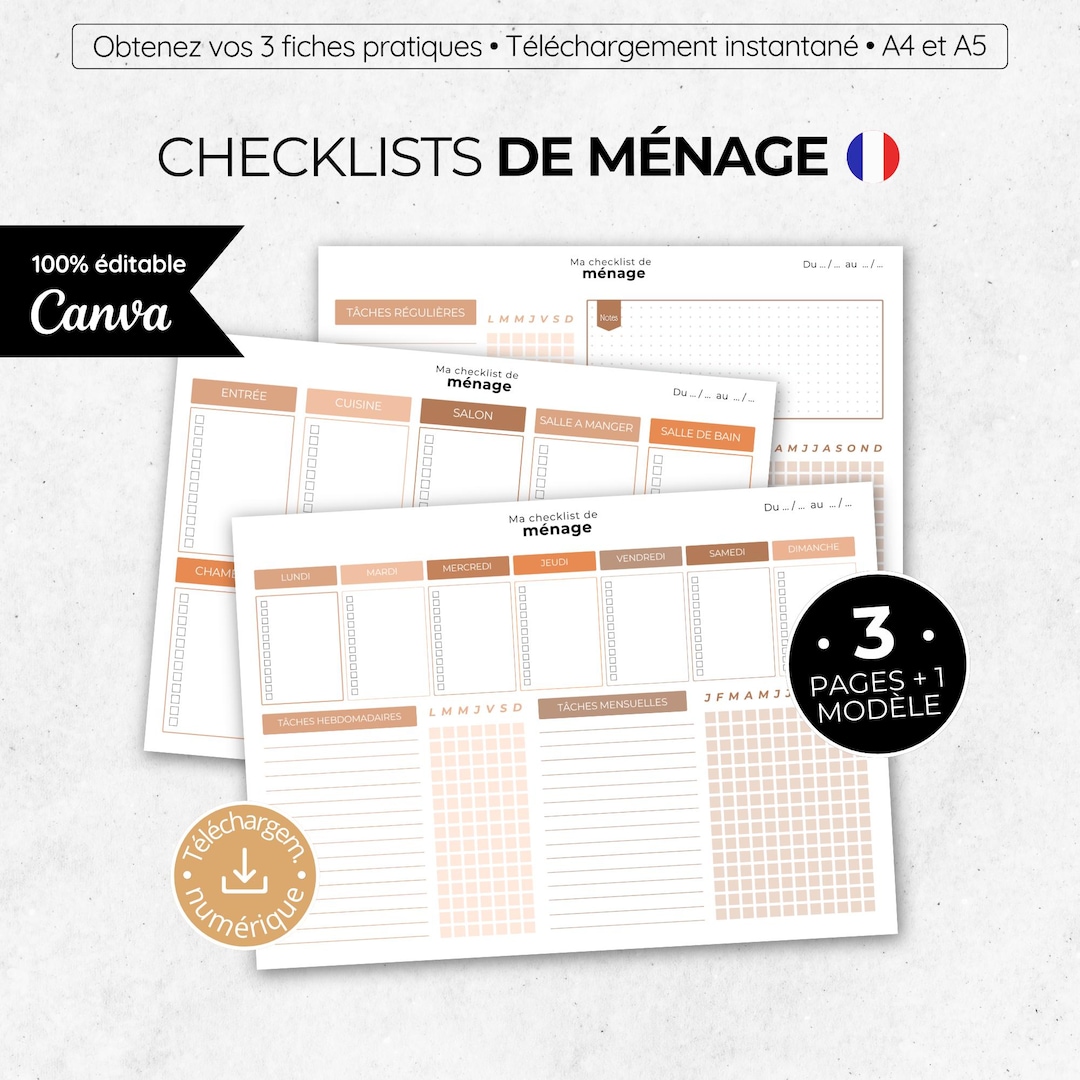 Checklist de tâches ménagères | 3 plannings de ménage | PDF en français ...