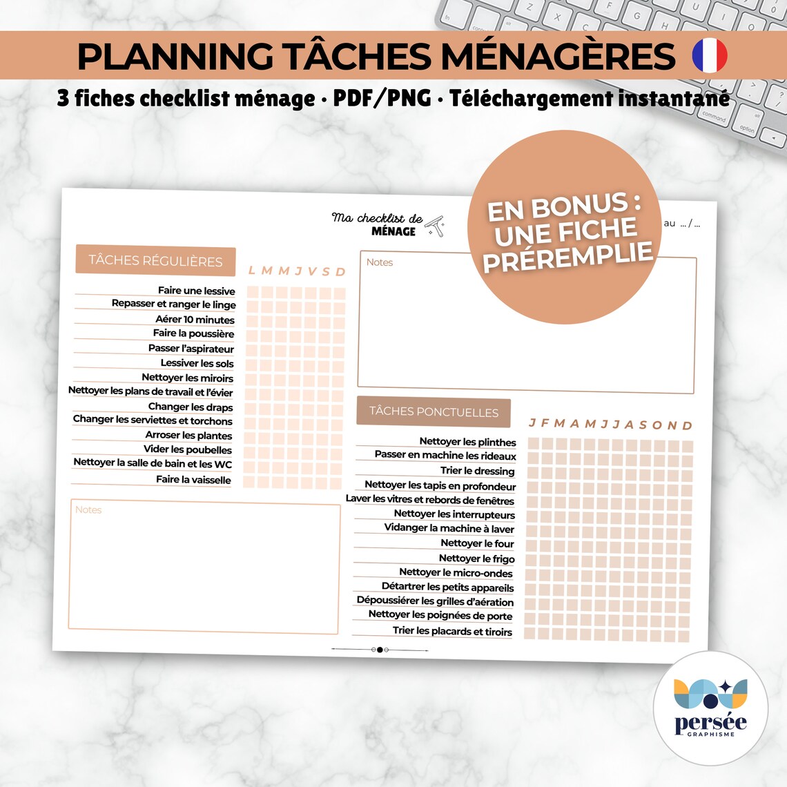 Checklist de tâches ménagères, planning de ménage, trois fiches en ...