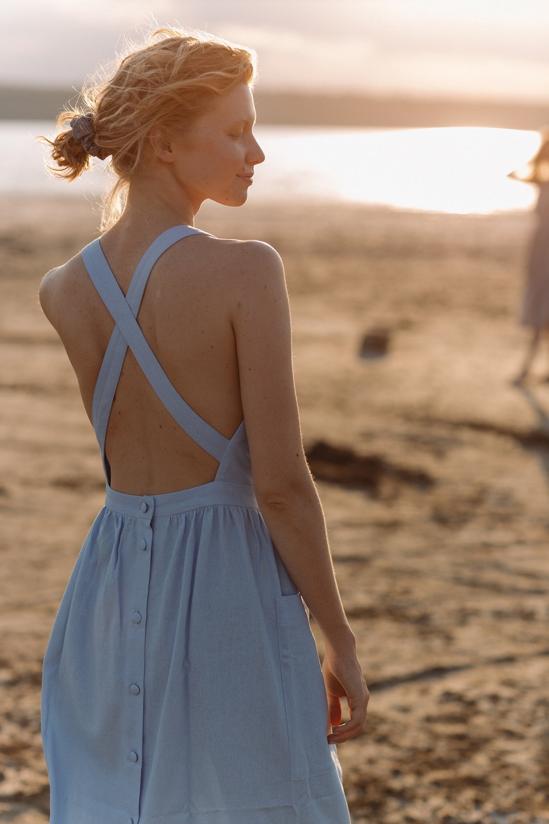 Blue Linen Pinafore Dress, Elegant Cross Back Pinafore Dress, - Etsy
