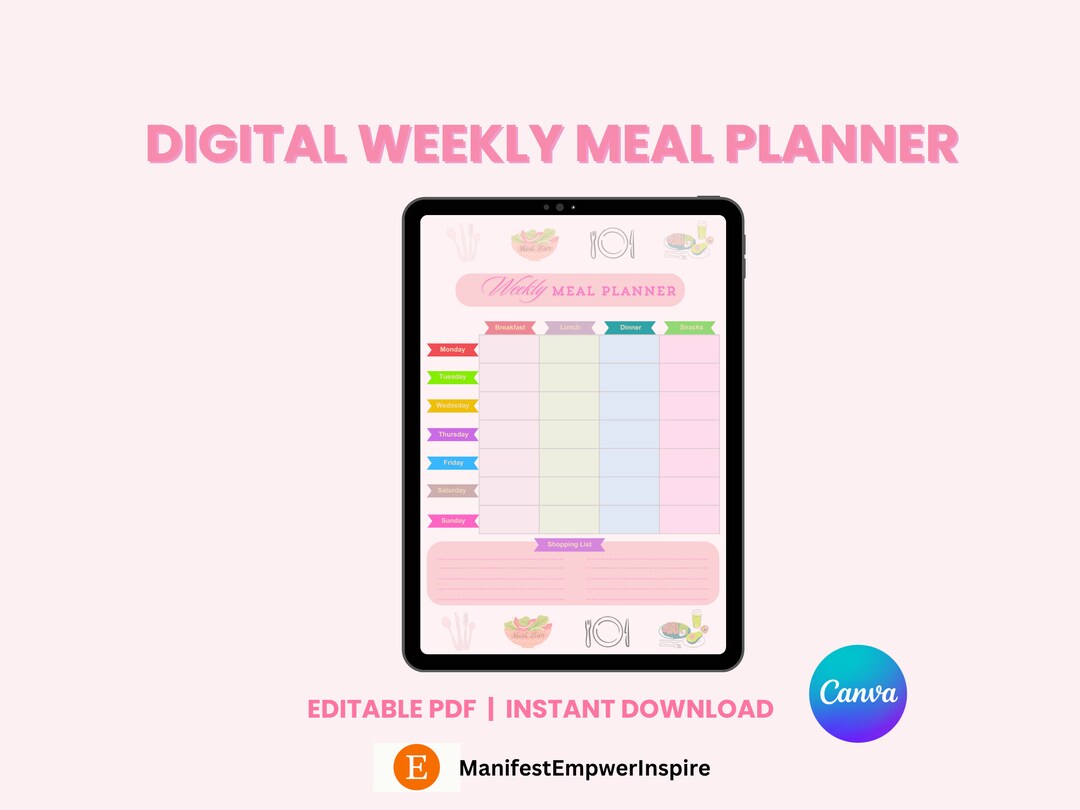 Digital Weekly Meal Planner Template - Editable, PDF, Instant Download ...