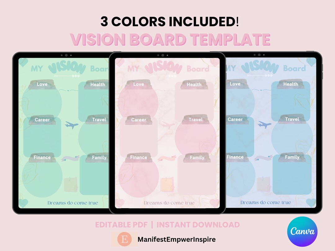 Vision Board Template 3 Color Templates Included Vision Board, Editable ...