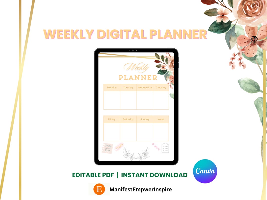 Digital Weekly Planner Template - Editable, PDF, Instant Download ...