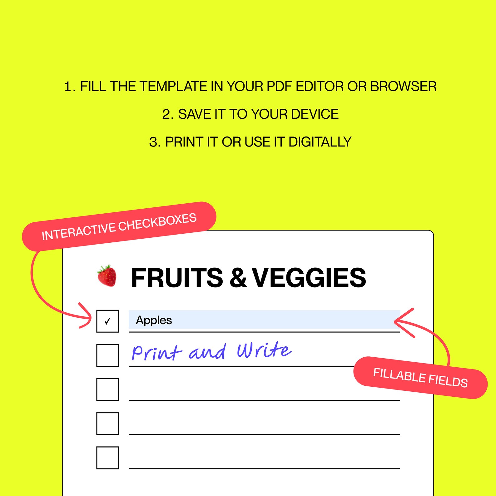 Printable Interactive Grocery List Planner: A4/US Letter Sizes Instant PDF Download Fillable ...