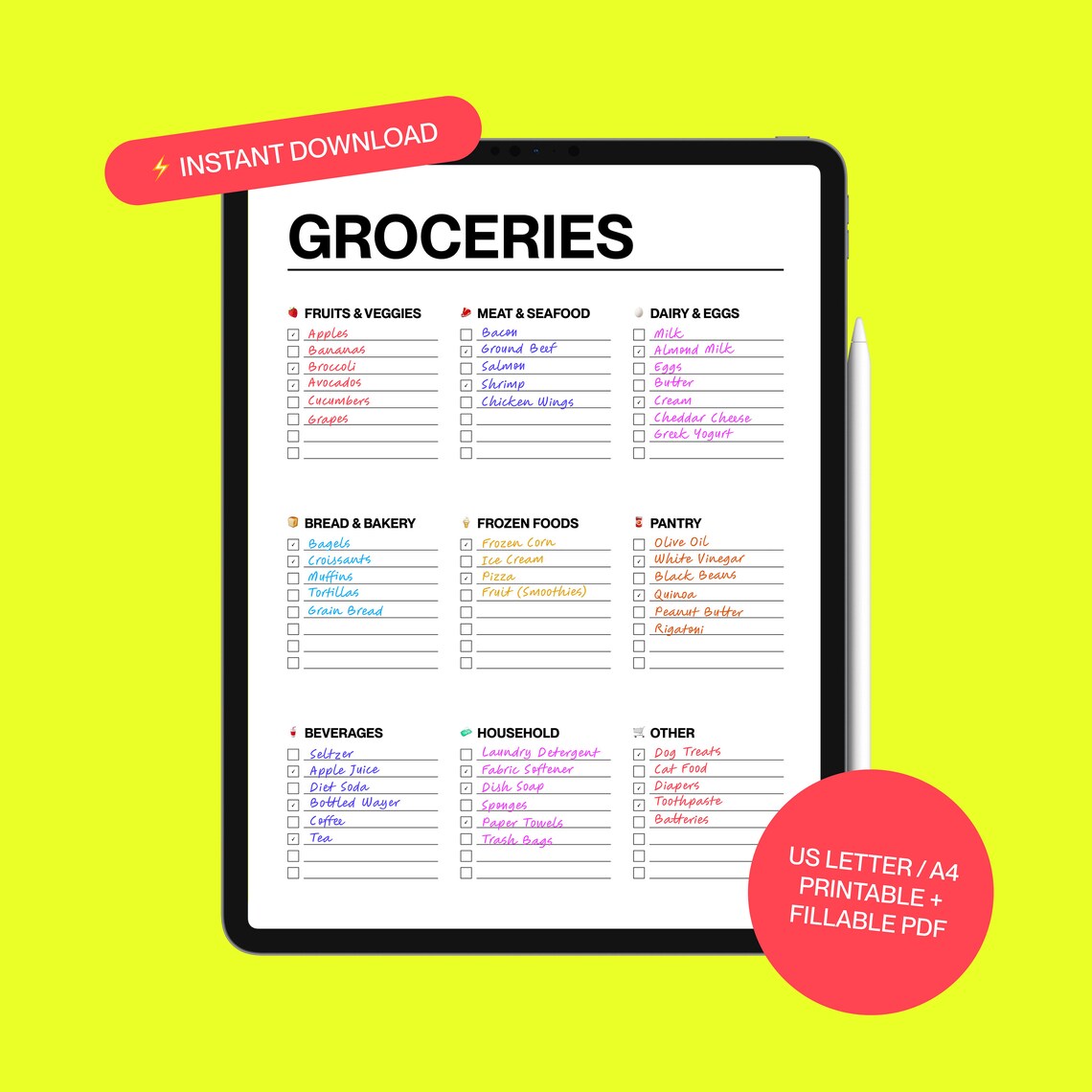 Printable Interactive Grocery List Planner: A4/US Letter Sizes Instant PDF Download Fillable ...