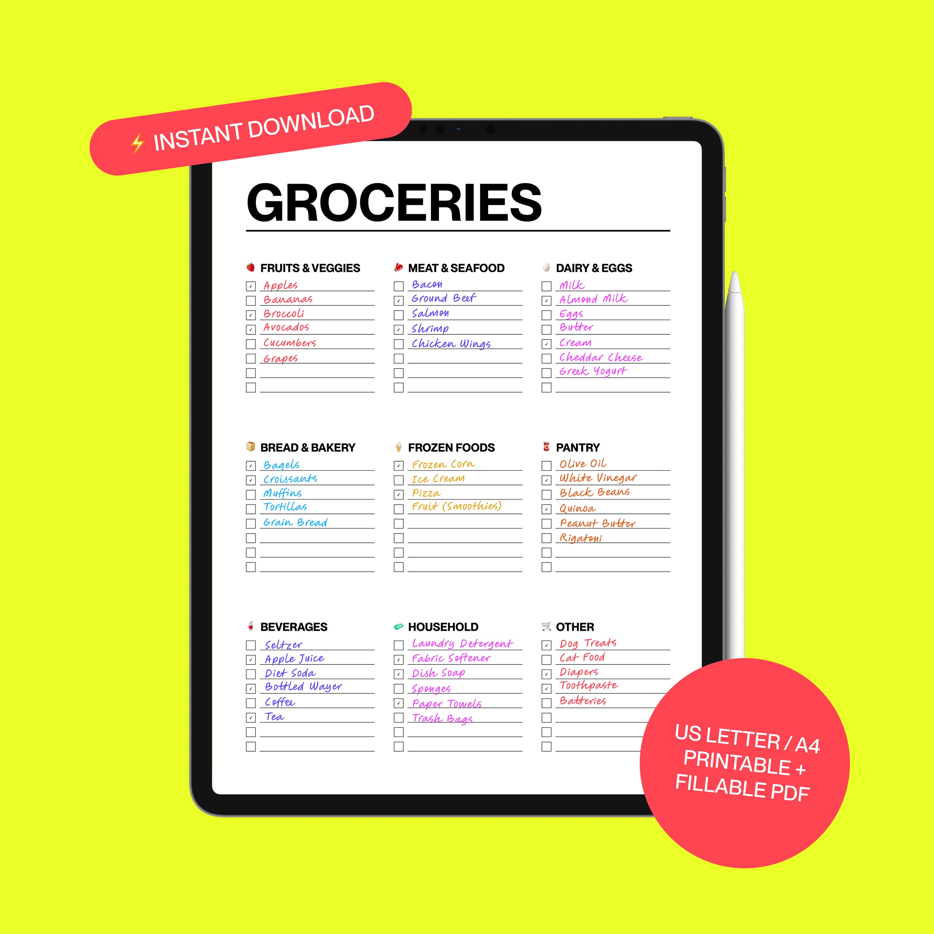 Printable Interactive Grocery List Planner: A4/US Letter Sizes Instant ...