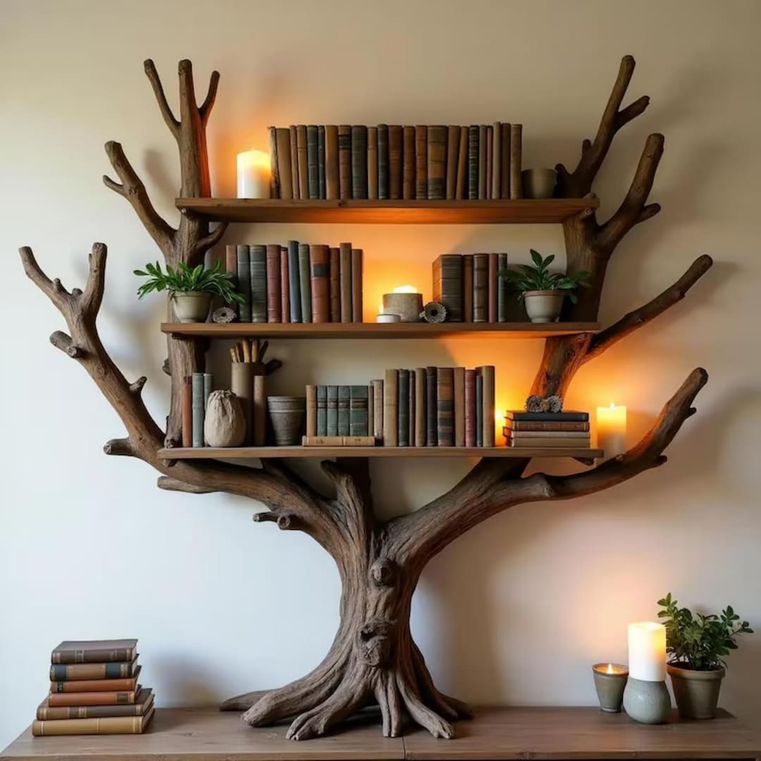 Corner Tree Branch Wall Shelves – Rustic Wall Mounted Bookshelf, Tree ...
