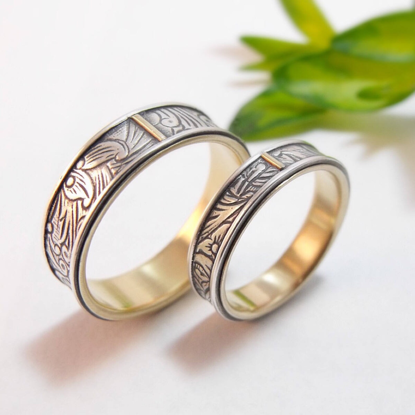 Wedding Band Set Sterling Silver Rings 10K Gold Sunflower - Etsy