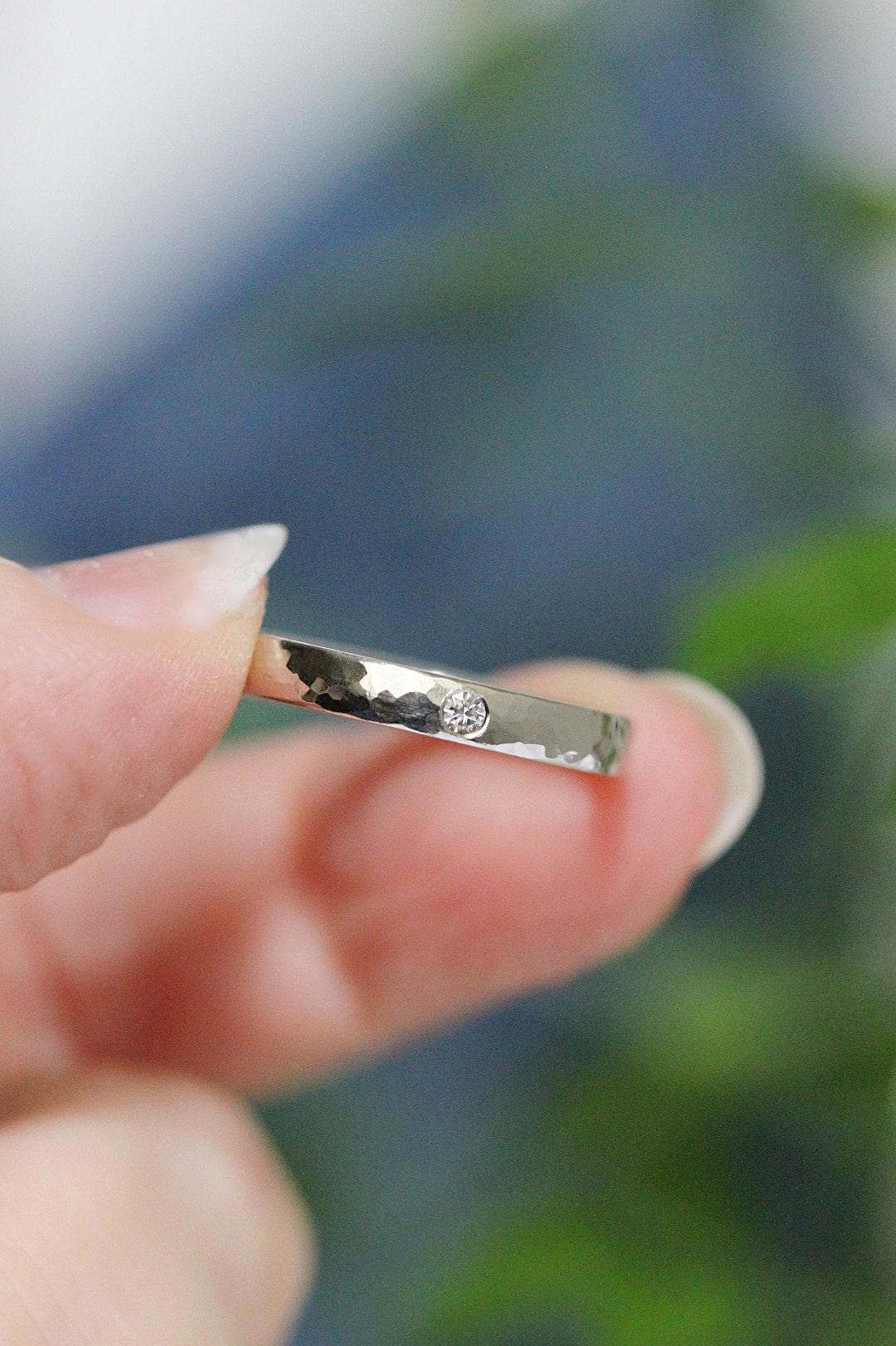 Flush Set Diamond Engagement Ring Skinny Wedding Band Stacking Ring ...