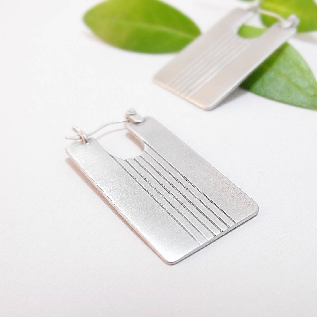 Sterling Silver Art Deco Huggie Earrings, Striped Rectangular Hoops - Etsy