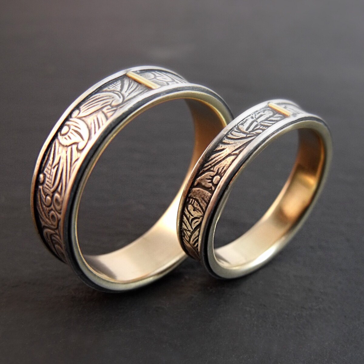 Wedding Ring Set Sunflower Silver and 14k Yellow Gold Wedding | Etsy