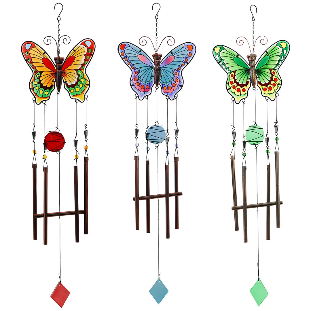 Stained Glass Butterfly Wind Chime Vibrant Garden Decor, Outdoor ...