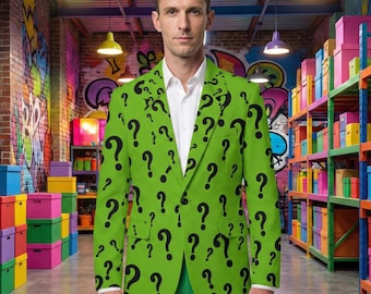 green jacket with question marks