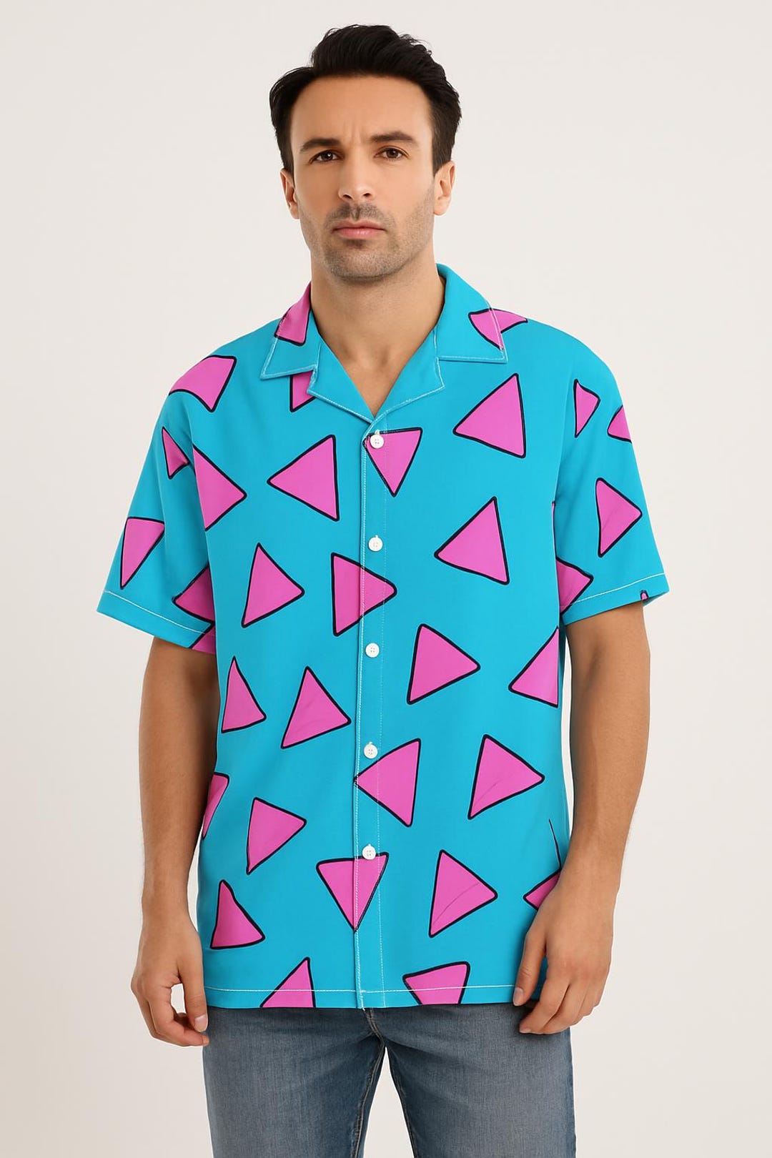Retro Modern 90's 80's Life Hawaiian Shirt - Blue With Pink Triangles ...