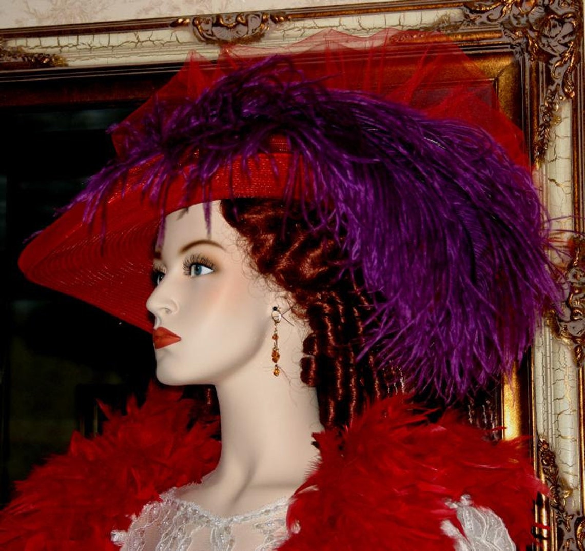 Edwardian Tea Party Hat: Red Victorian Feathered Hat, Purple Roses ...