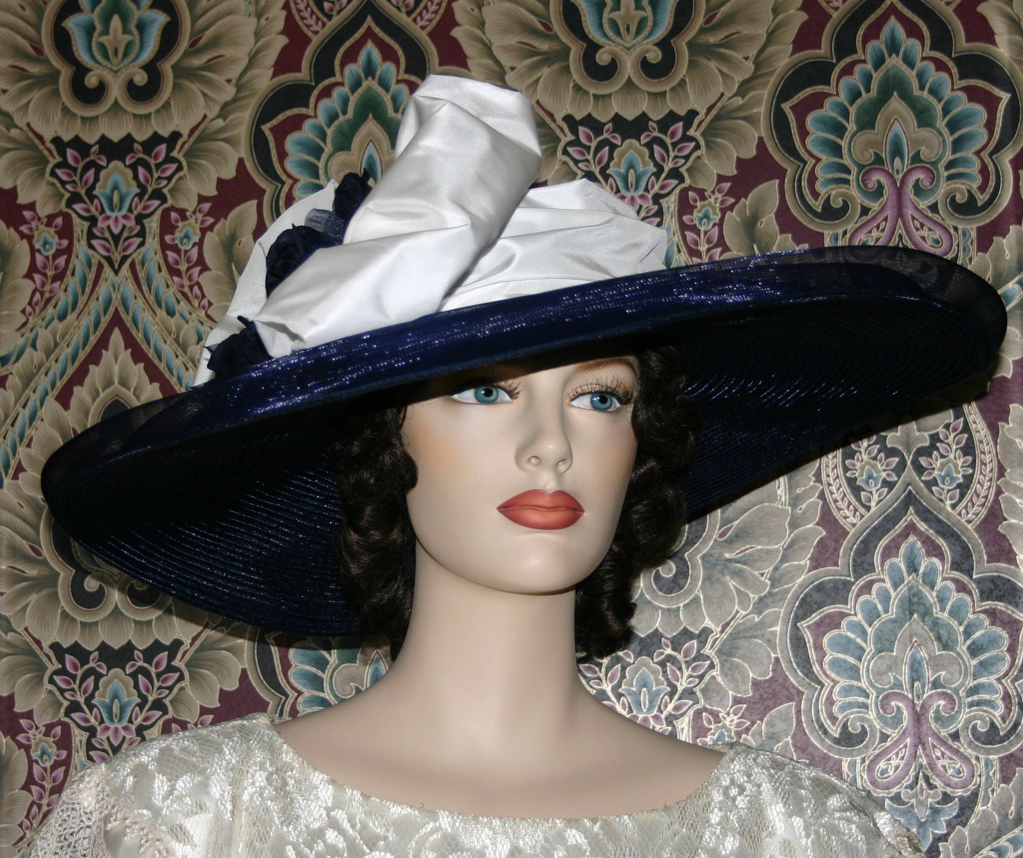 Edwardian Tea Hat Wide Brim Navy Blue White Hat Derby Day Hat Summer ...