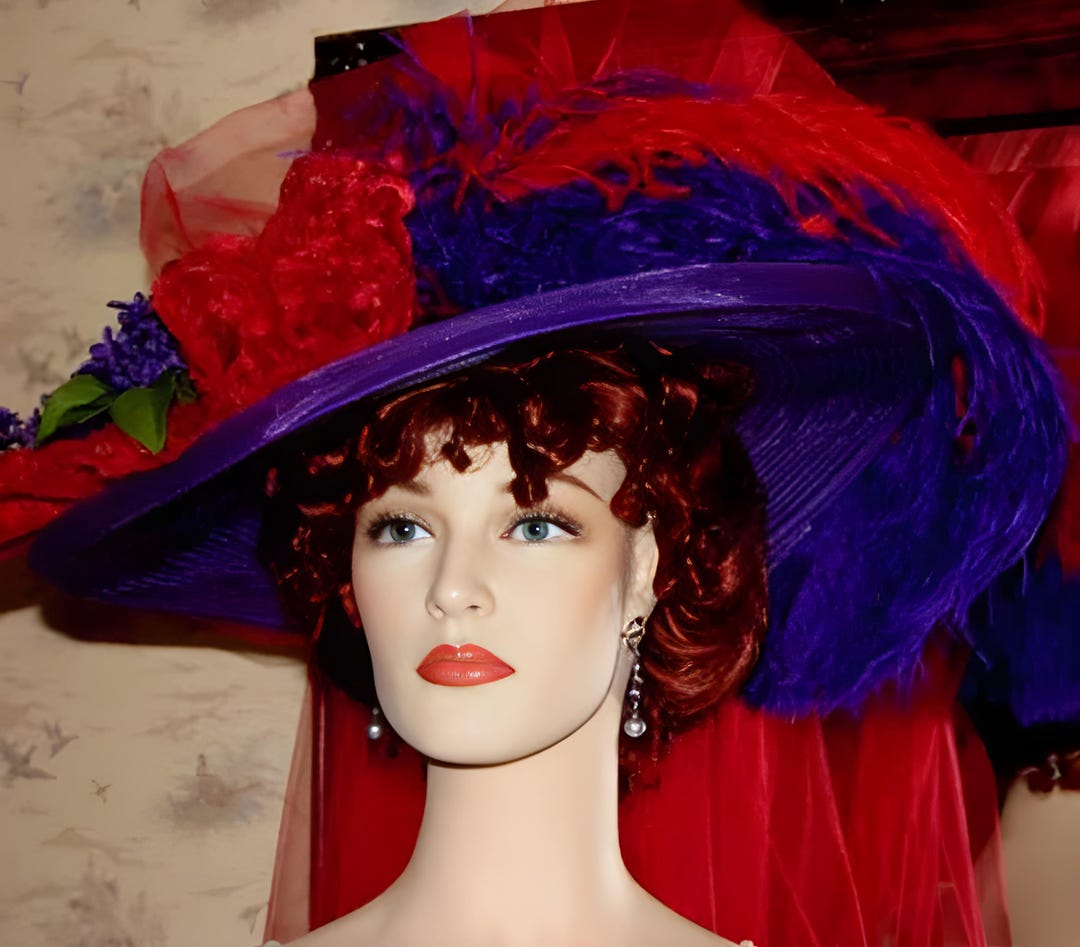 Victorian Red Rose Feather Hat: Purple Tea Party Garden Hat Crystal ...