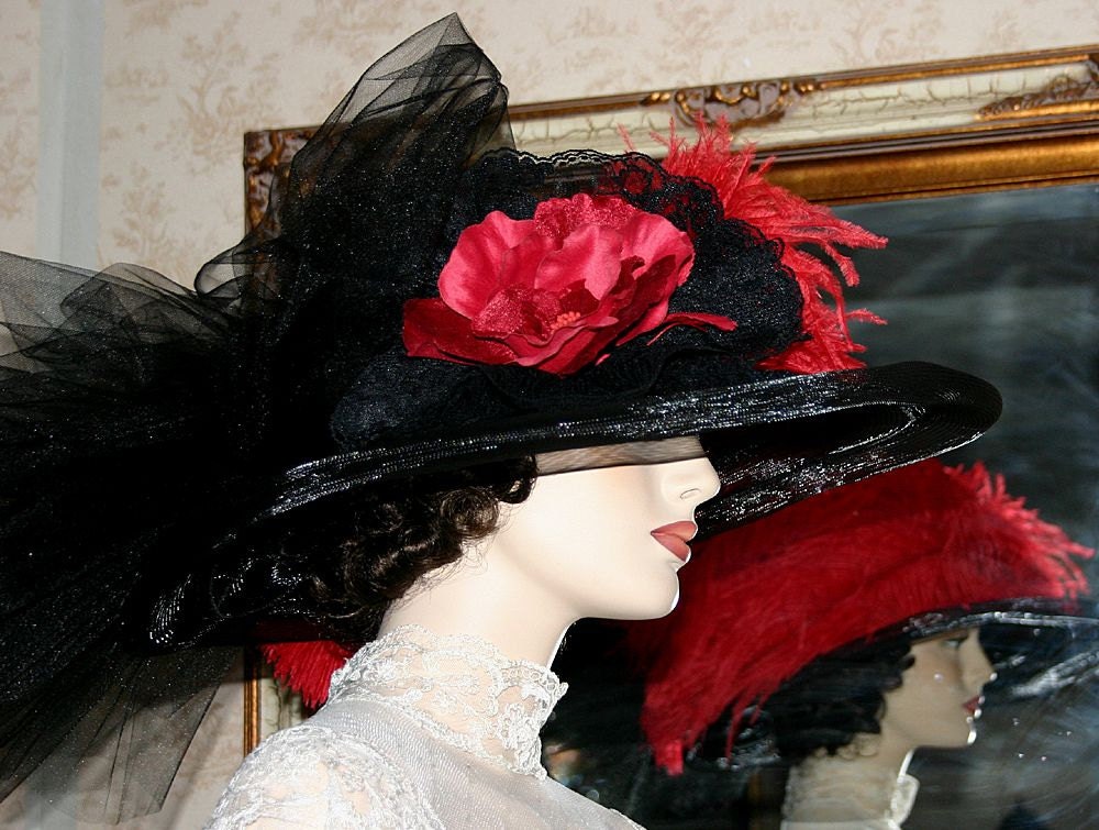 Women's Edwardian Tea Hat Black Red Kentucky Derby Hat - Etsy