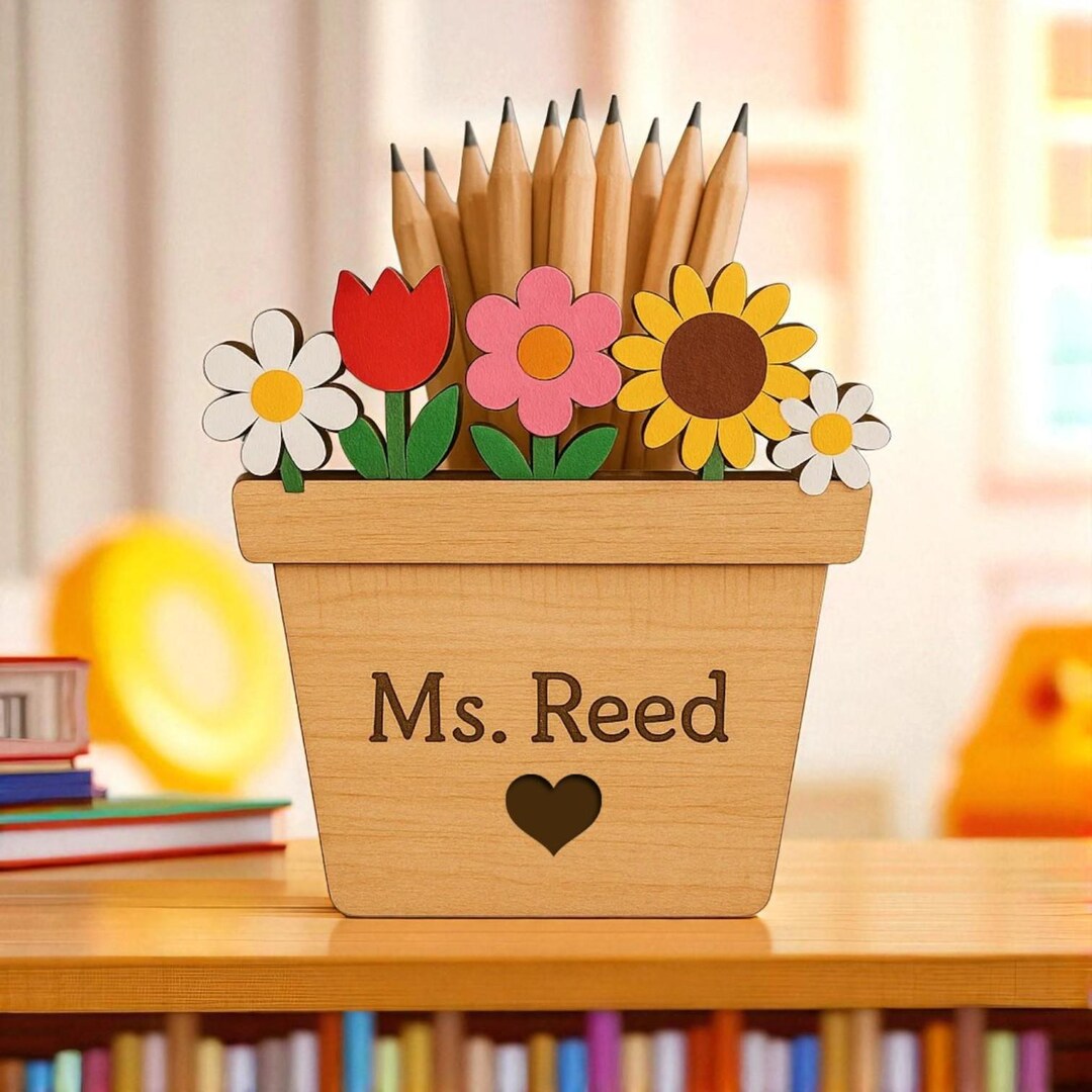 Teacher Flower Pot Pencil Holder – Personalized Wooden 3D Desk ...