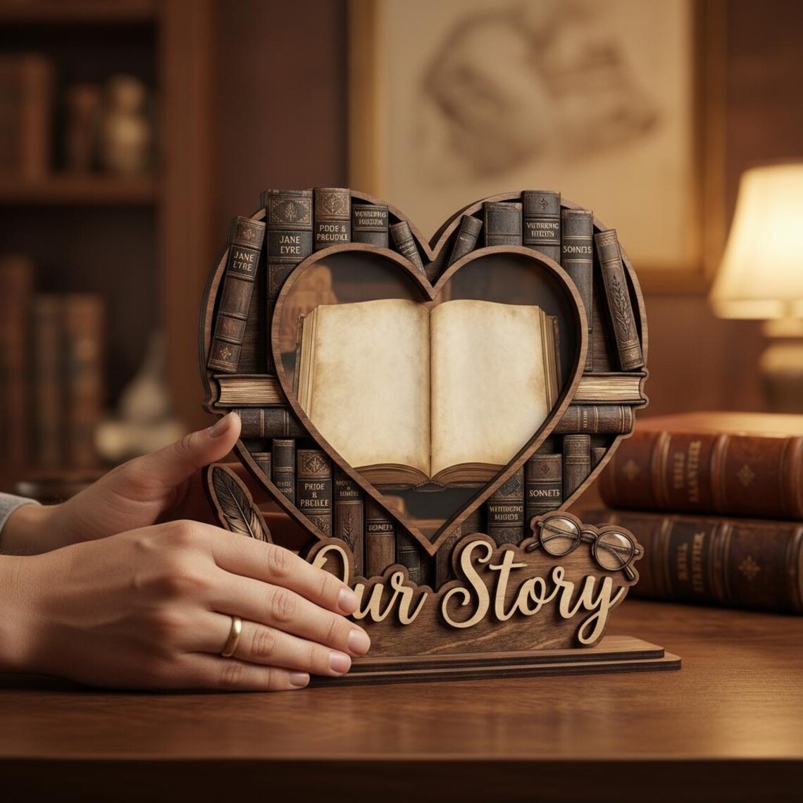 Our Story Wooden Heart Photo Frame Book Lover Gift Literary Home Decor ...