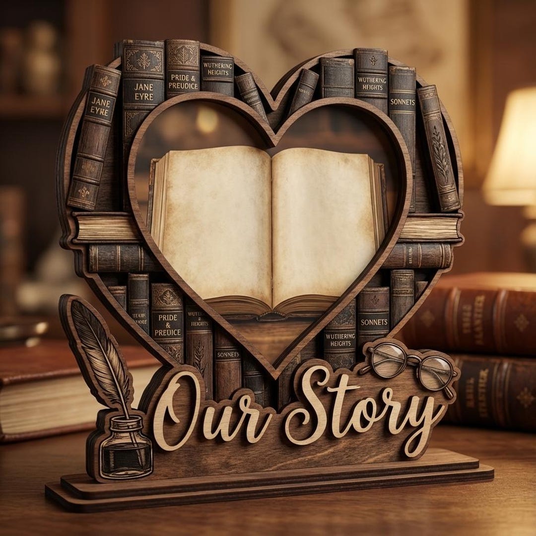 Our Story Wooden Heart Photo Frame Book Lover Gift Literary Home Decor ...