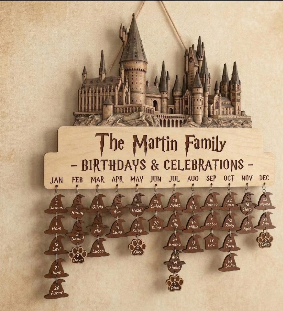 Wizard Castle Family Birthday Calendar Personalized Wooden Wall Hanging ...