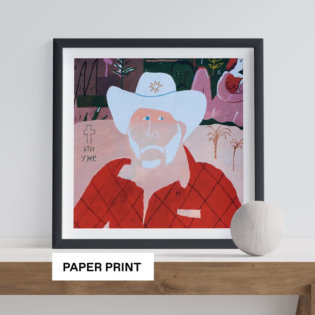Weird Art Print Portrait Man Cowboy in Red Shirt and White Hat Strange ...