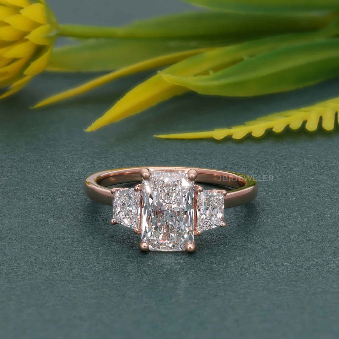 Radiant Cut Three Stone Engagement Ring With Side Trapezoid, Certified ...