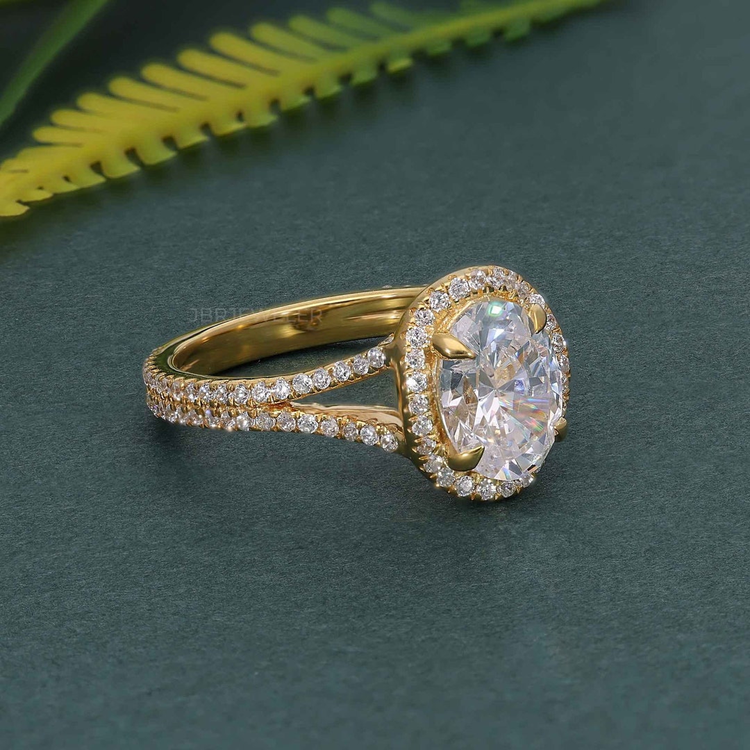 Oval Diamond Engagement Ring in Solid Gold, Halo Split Shank Wedding ...