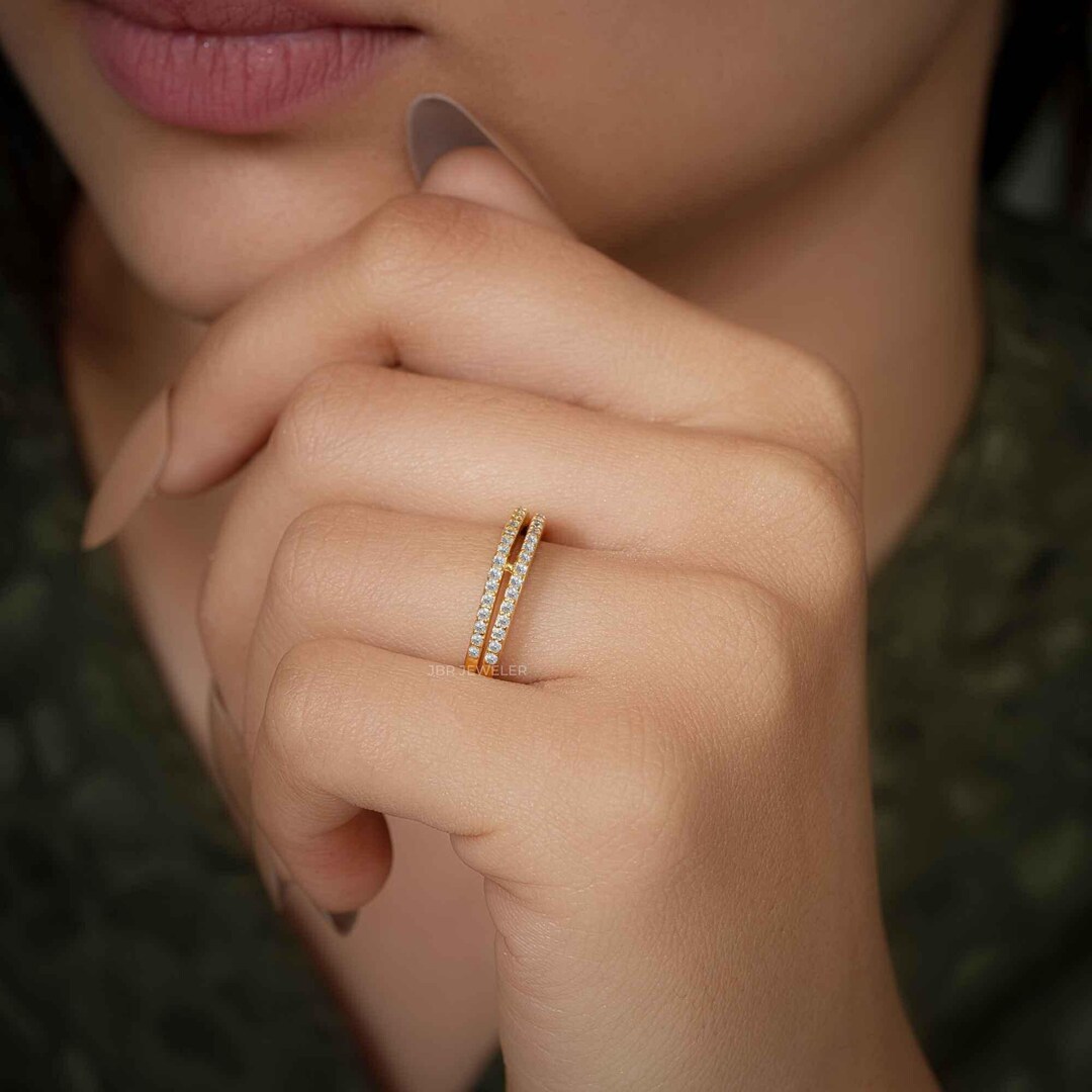 Double Row Gold Diamond Wedding Ring, Round Cut 14k Gold Pave Ring Half ...