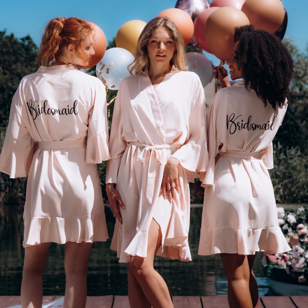 Plus Size Bridesmaid Robes With Ruffle Trim and Bridal Title Blush Robe ...