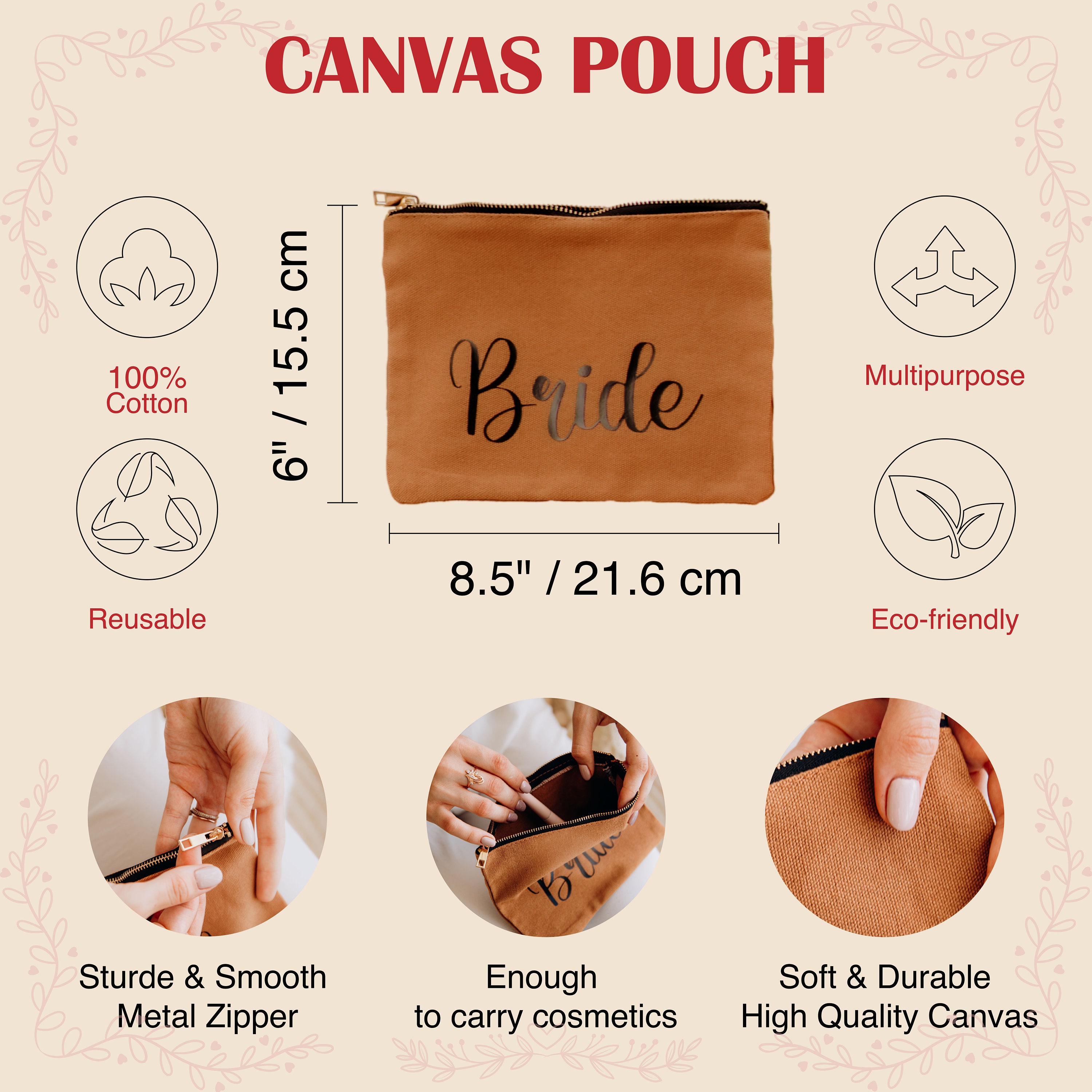 Personalized Cotton Canvas Makeup Bag, Bridesmaid Gift, Cosmetic Pouch ...