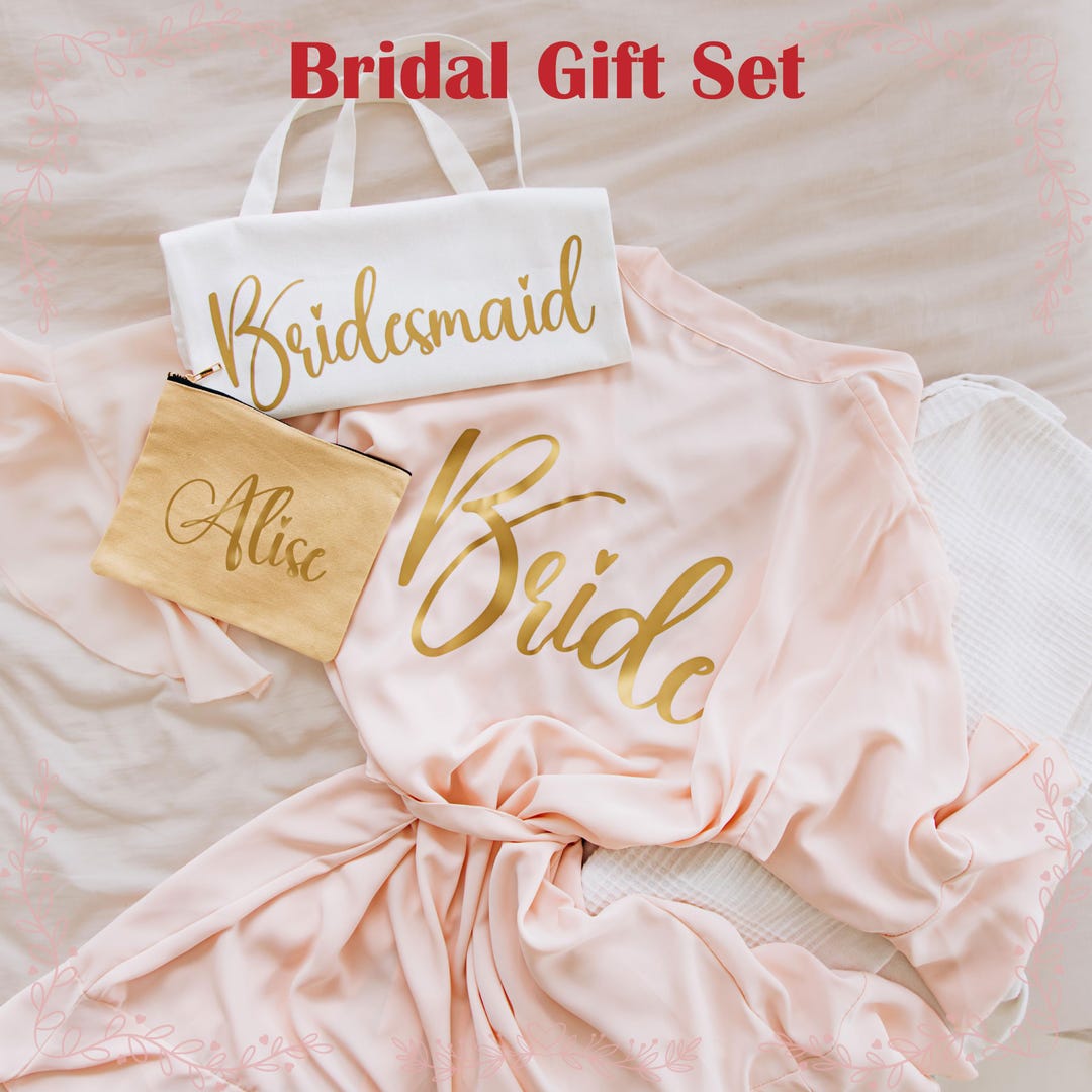 Bridal Gift Set - Custom Satin Ruffle Robe, Personalized Tote Bag ...