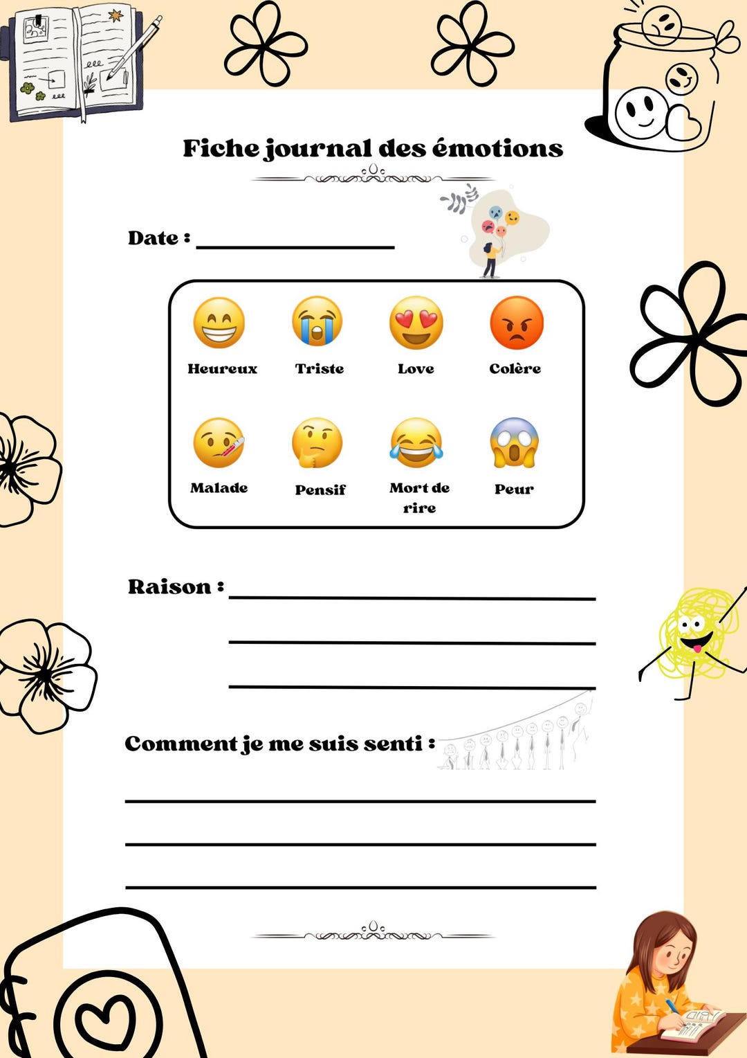 Printable A4 Emotion Journal | Mood Tracker | Wellness Sheet ...