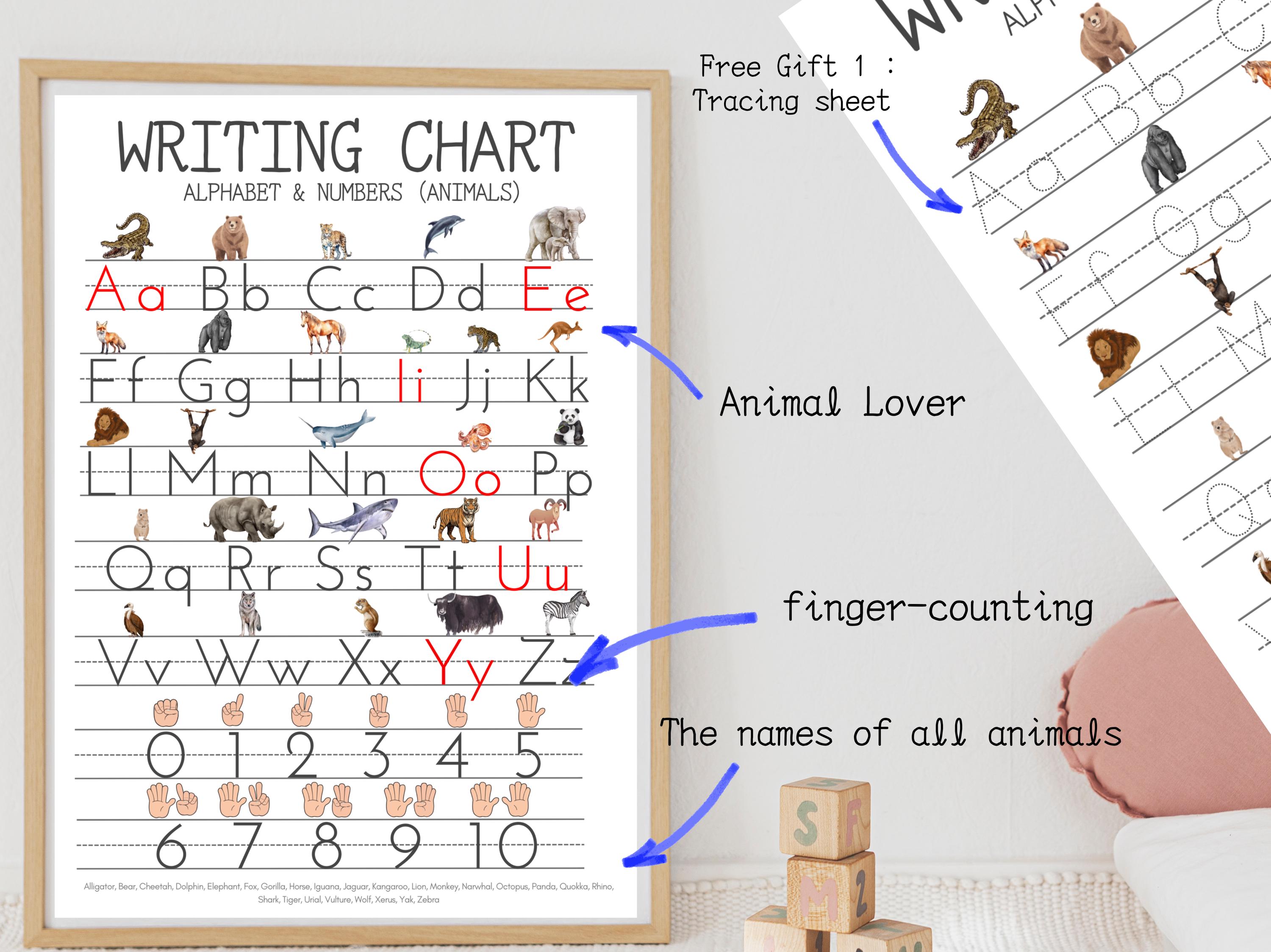 Alphabet Writing Chart Posters A to Z Animals Theme Printable Cursive ...