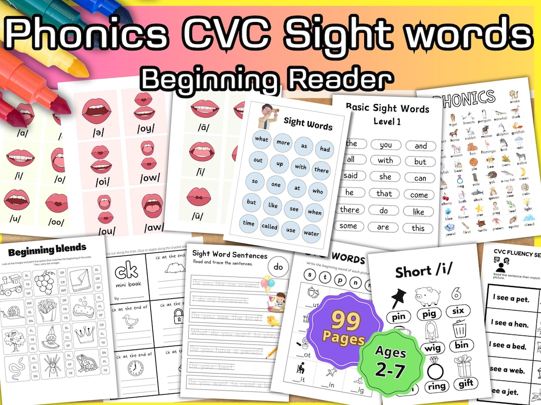 99 Pages Engaging Early Reader Worksheets Bundle CVC, Blends, Sight ...